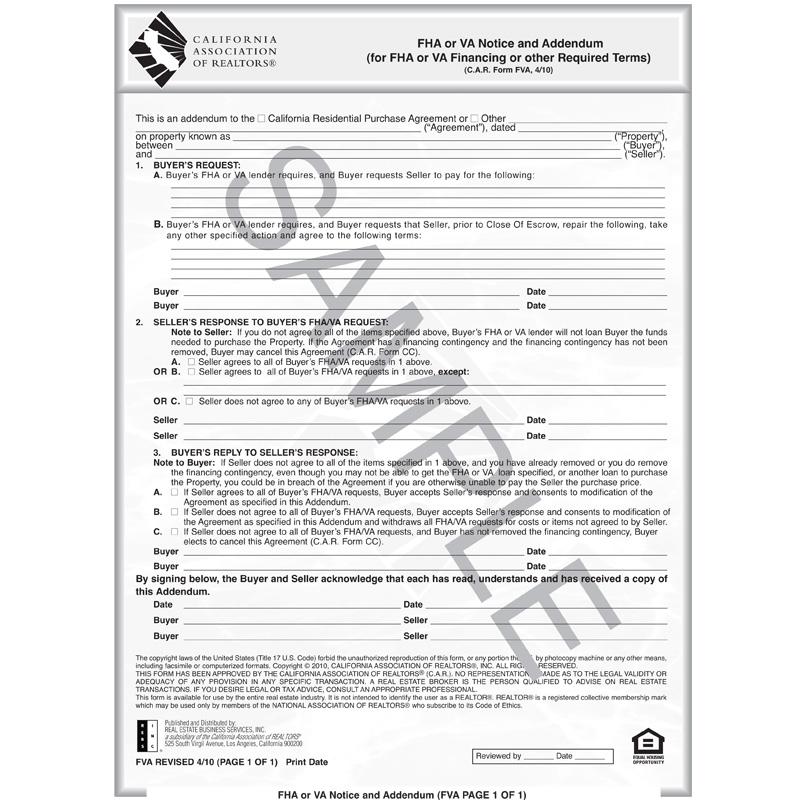 FVA - FHA or VA Notice and Addendum – C.A.R. Business Products AOR Store