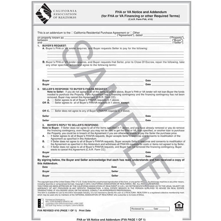 FVA - FHA or VA Notice and Addendum – C.A.R. Business Products AOR Store