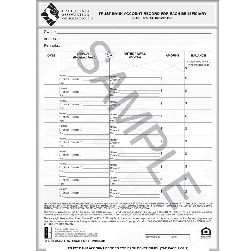 TAB - Trust Bank Account Record for each Beneficiary – C.A.R. Business ...